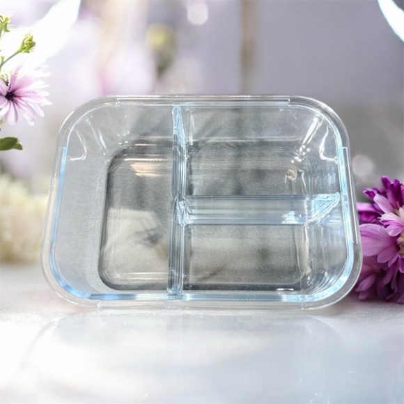 Kitchen | Blue Glass Food Container Divided Compartment Meal Prep Bento ...